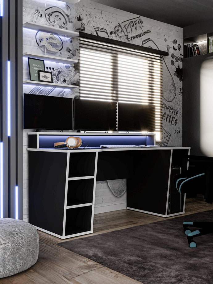 Dylan Gaming Desk with LED Lighting Black | 160cm Wide | Shelf | Moder ...